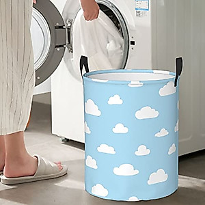 Round Laundry Hamper White Clouds Cartoon Blue Storage Basket Waterproof Coating Organizer Bin For Nursery Clothes Toys Medium