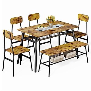 Gizoon 6-Piece Dining Table Set for Home, Kitchen, Dining Room with Storage Racks, Rectangular Kitchen Table with Bench, 4 Chairs, Steel Frame, Brown