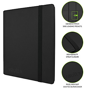 Vault X 9 Pocket Trading Card Binder with Secure Elastic Strap Fastener - Rigid Exo-Tec Folder with 20 Double-Sided Pages each with Side Loading Pockets Protect 360 Cards for TCG