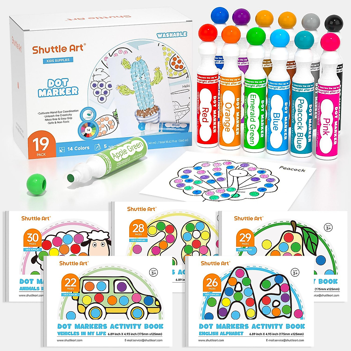 Shuttle Art Dot Markers, 14 Colors Bingo Daubers with 135 Patterns, 5 Activity Books, Educational Set With Art Activities,Non-Toxic Washable Coloring Markers