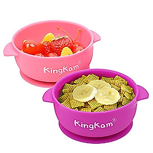KingKam 2 Pack Baby Bowls with Suction, Silicone Stay up Baby Bowl for Kids and Toddlers, Silicone Bowls and Spoons for Baby Toddler Bowls, Baby Feeding Bowls Set - Pink/Purple