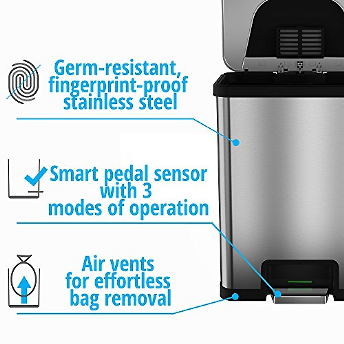 Halo TapCan 13 Gallon Effortless Trash Can with One-Tap Pedal Sensor and Odor Control System and AC Adapter-Stainless Steel with Black Trim