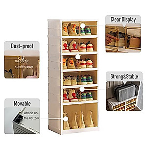 SkMugel Shoe Storage Boxes,Foldable Shoe Storage Cabinet with Doors,12 Pack Collapsible Shoe Rack Storage Organizer,Clear Plastic Shoe Container with Lids,Quick Assembly,6 Tiers