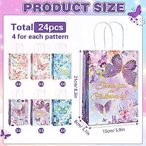 Outus 24 Pcs Butterfly Party Gift Bags Pink Purple Blue Party Gift Goodie Bags Thank You for Fluttering by Gift Bags with Handle for Butterflies Birthday Party Baby Shower Decoration