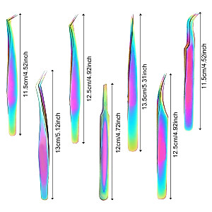 Eyelash Extension Tweezers Set, Fangze 7 Pcs Lash Kit Rainbow Stainless Steel Straight and Curved Tweezer for Nail Art Ingrown Hair Craft