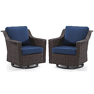 Gardenbee Patio Chairs Set of 2, with 4" Premium Cushions, Glide and 360 Degree Swivel, Brown Rattan Wicker Chairs Outdoors, Indoors, Navy