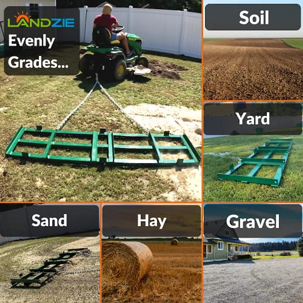 LANDZIE Drag Harrow Driveway Grader Landscape Power Rake for ATV, UTV, Tractor, Mower - 8 Ft Reinforced Steel (Two 4 ft Sections) - Tow Behind Yard Lawn Leveling Tool with 4 Ft Heavy Duty Chain