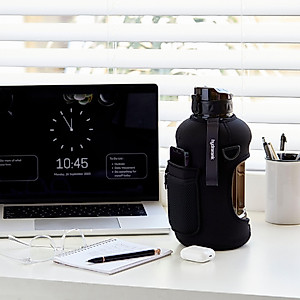 Half Gallon Water Bottle with Storage Sleeve and Straw Lid - BPA Free Large Gym Water Bottle with Pockets - Leak Proof - Reusable Black Water Jug with Strap, Handle for Daily Hydration (74 Ounce)