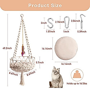 MEWOOFUN Hanging Macrame Cat Hammock Bed, Cat Swing Bed Space Saving Window Perch with Washed Cotton Mat & Funny Cat Toy for Indoor Cats