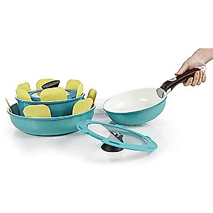 Neoflam Midas PLUS 9pc Nonstick Cast Aluminum Cookware Set, PFOA Free Kitchenware with Saucepan,Frying Pan,Stove|Oven Pot, Tempered Glass Lid and Smart Detachable Handle,Oven Safe,Space-Saving,Emerald