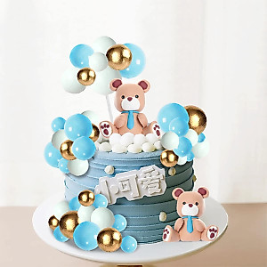 Bear Cake Toppers With Blue Gold White Cake Topper Mini Balloons, For Baby Shower Gender Reveal Party Birthday Party Bear Theme Party Supplies (Blue)