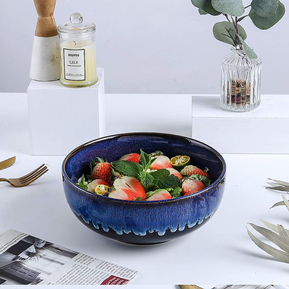 KOOV 58 oz Salad Bowls, Ceramic Bowl Set, Stackable Soup Bowls, Large Bowls, Reactive Glaze Set of 3 (Nebule Aegean)