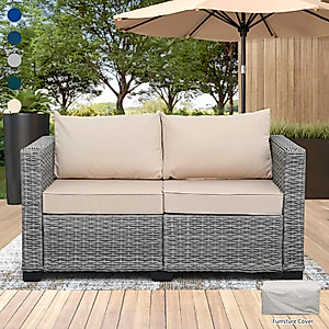 Rattaner Outdoor Furniture Loveseat Sofa Balcony Furniture Outdoor Loveseat 2 Seater Couch Small Sofa with Anti-Slip Outdoor Cushion Lumbar Pillow and Furniture Cover, Navy Blue