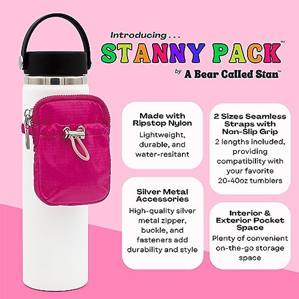 Stanny Pack | Water Bottle Pouch | Accessories Bag for Stanley Cup Tumbler, Hydro Flask, YETI, Owala, Simple Modern, HydroFlask Bottles | Compatible with 18oz, 20oz, 24oz, 32oz, 40oz (Berry Pink)