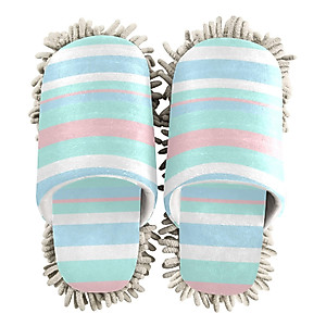 FLildon Microfiber Cleaning Slippers Aqua Pink Stripes Washable Mop Shoes Slipper for Men/Women House Floor Dust Cleaner, Size L