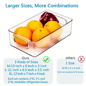 Eco Moda Set Of 6 Refrigerator Organizer Bins - 3 Sizes Stackable Plastic Clear Food Storage Bin