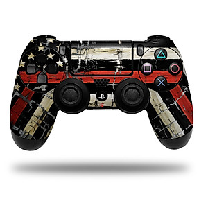 WraptorSkinz Skin Compatible with Sony PS4 Dualshock Controller PlayStation 4 Original Slim and Pro Painted Faded and Cracked Red Line USA American Flag (Controller NOT Included)