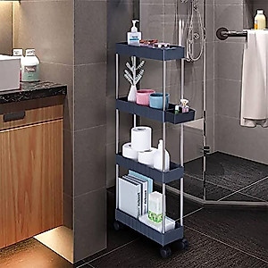 Upvoted 4 Tier Rolling Utility Cart Slide Out Mobile Shelving Unit Slim Storage Organizer for Kitchen, Living Room, Laundry Room, Bathroom, with Storage Basket, Gray