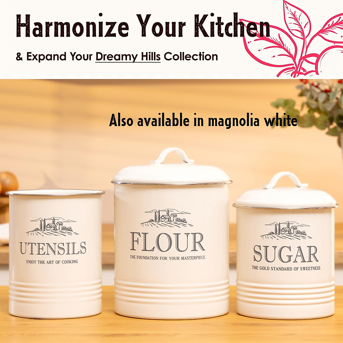 noonberry Black Canisters for Kitchen Counter, Set of 3 - Airtight Sugar and Flour Containers & Kitchen Utensil Holder, Rustic Farmhouse Canister Set for Kitchen Countertop