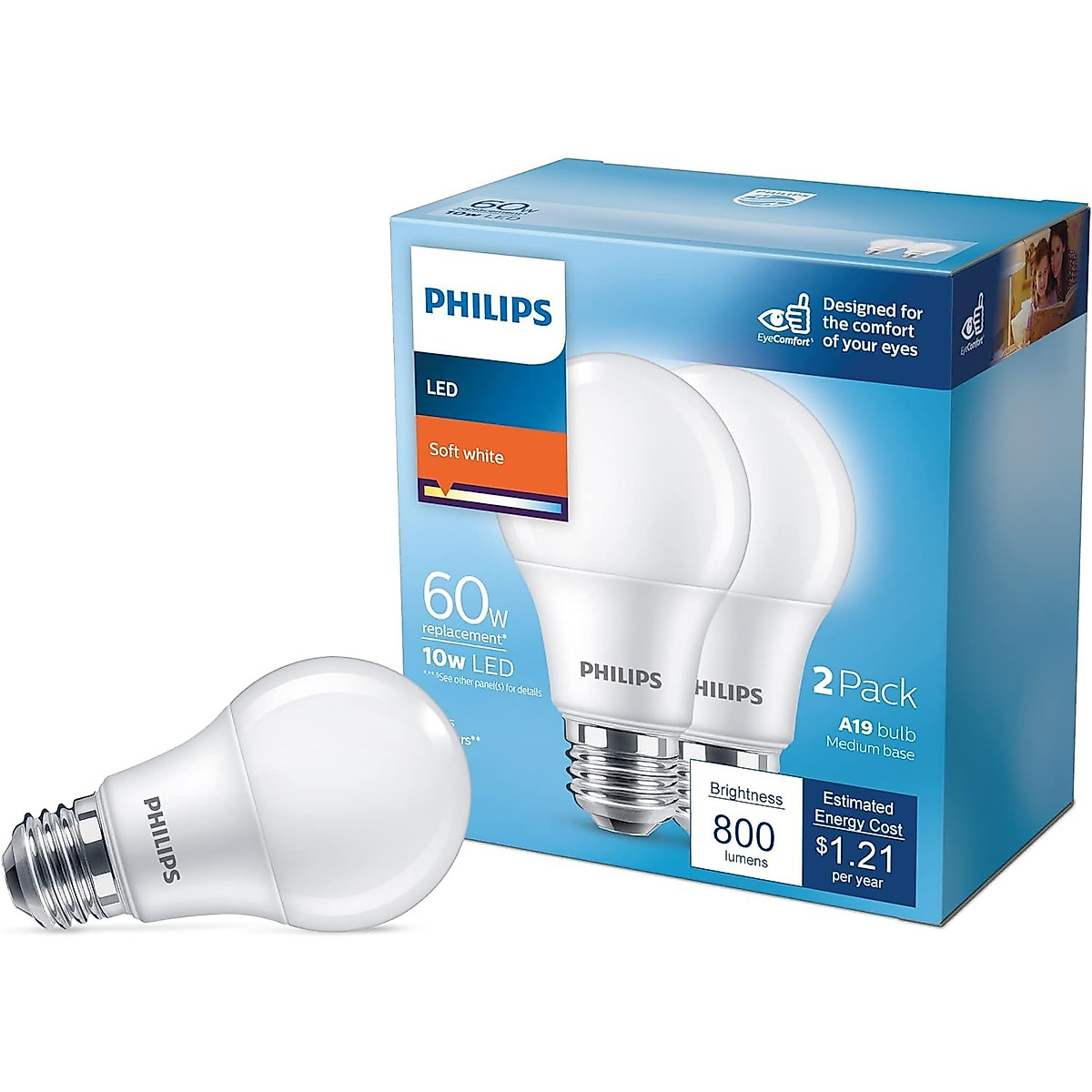 Philips LED Basic Frosted Non-Dimmable A19 Light Bulb - EyeComfort Technology - 800 Lumen - Soft White (2700K) - 10W=60W - E26 Base - Indoor - 8-Pack