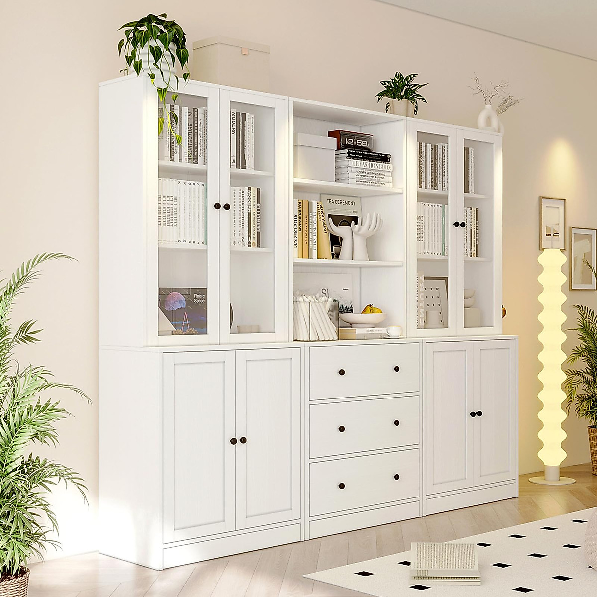 TUSY 71" Bookshelf Bookcase, 3-Tier Modern Bookshelves 3 Large Drawer, Wood Filing Cabinet with Open Storage Shelf, Glass Doors 5-Tier Fixed Storage Shelves for Home Office