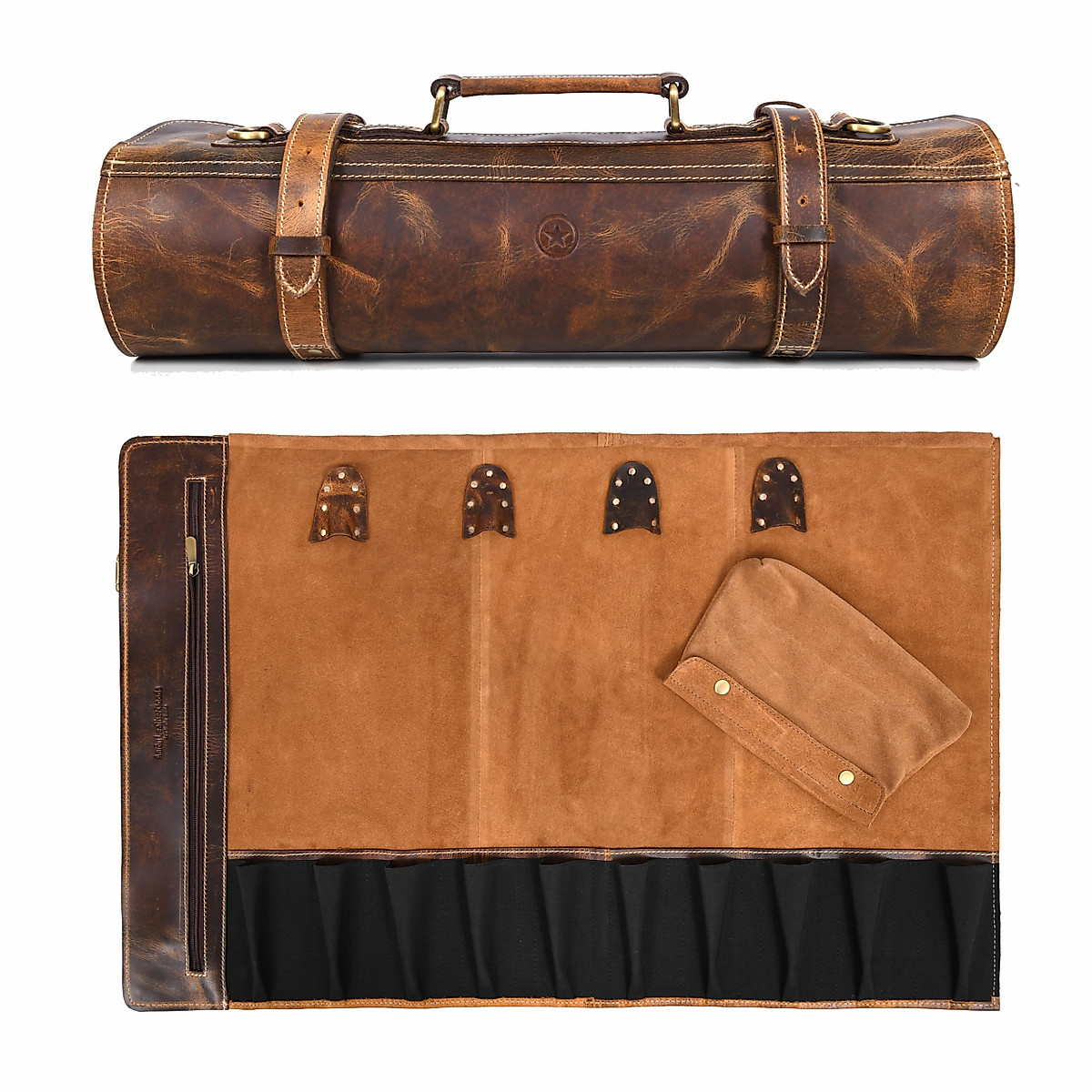 Aaron Leather Goods Vendimia Estilo Leather Knife Roll Storage Bag, Elastic and Expandable 10 Pockets, Adjustable/Detachable Shoulder Strap, Travel-Friendly Chef Knife Case Roll (Caramel, Leather)