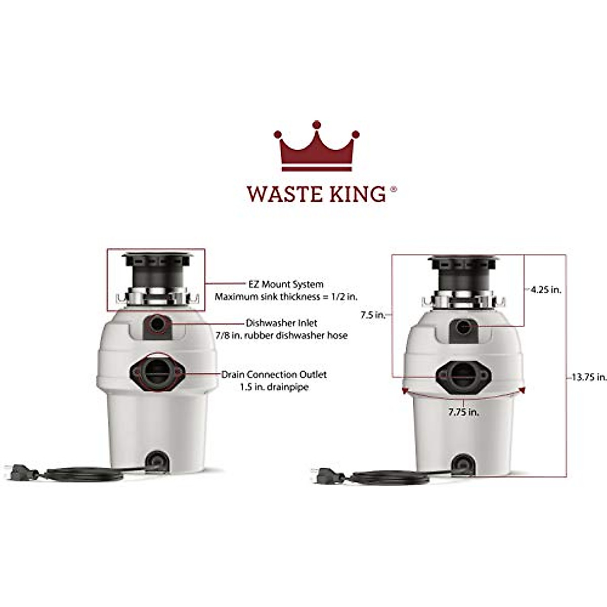 Waste King 3/4 HP Garbage Disposal with Power Cord, Food Waste Disposer for Kitchen Sink, L-3200