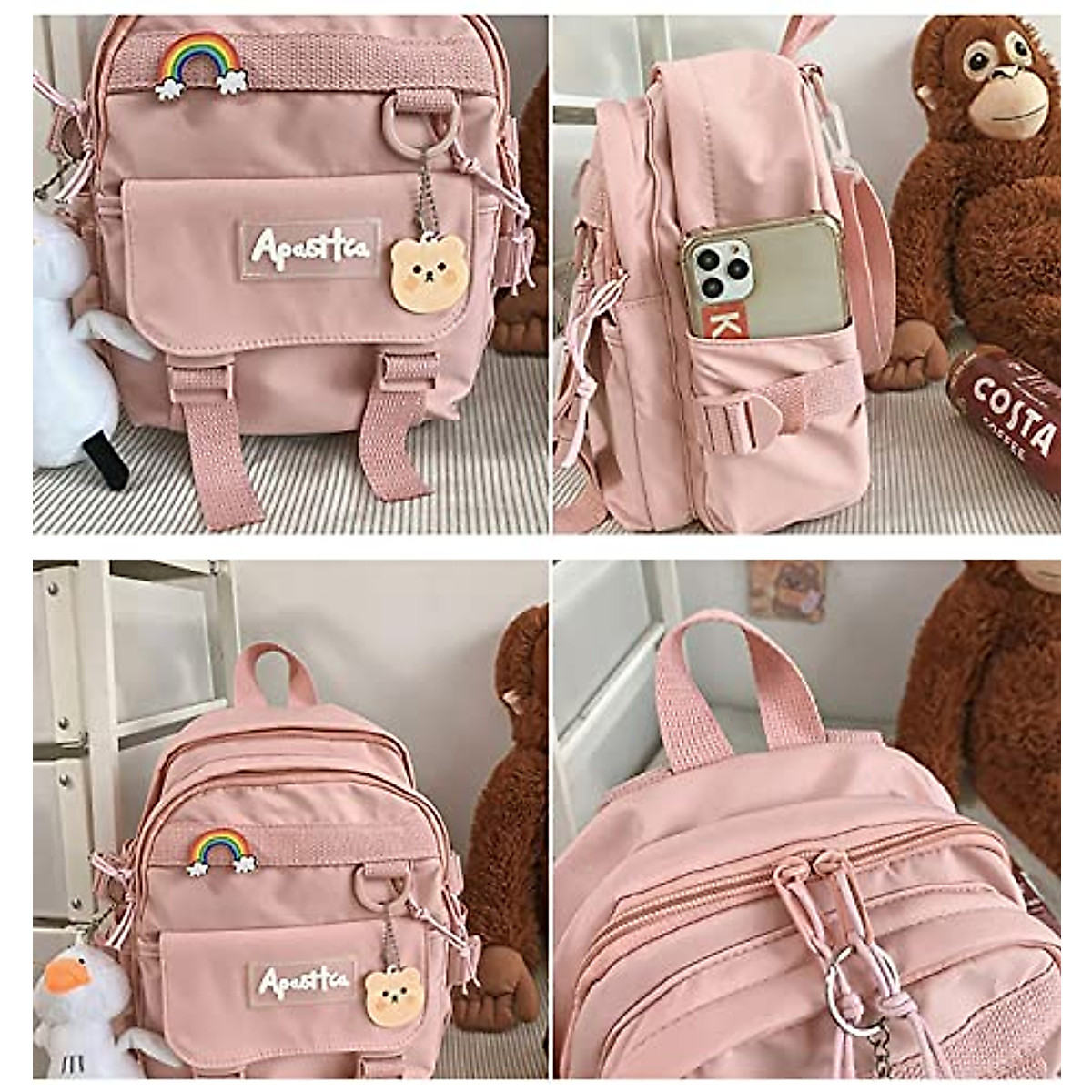 Kawaii Backpack Teen Girls Bag Waterproof Nylon with Cute Pendant and Pin Mini Shoulder Bag (Black)