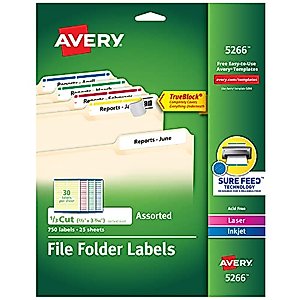 Avery File Folder Labels in Assorted Colors for Laser and Inkjet Printers with TrueBlock Technology, 0.67 x 3.43 Inches, Pack of 750 (5266)(Packaging May Vary)