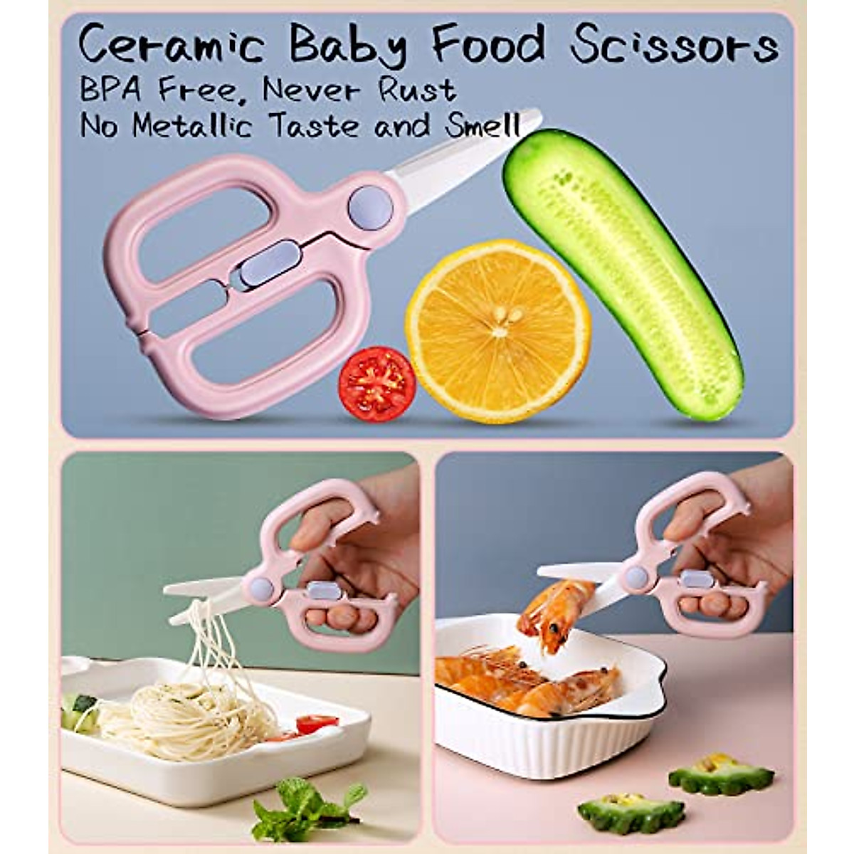 Artenny Baby Food Scissors Kids with Case Travel, Ceramic Kitchen Scissors for Food with Safety Lock, Baby Food Cutter, BPA Free (A)