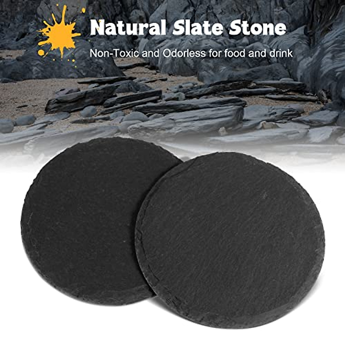 Black Slate Coasters for Drinks - Set of 6 - Anti-Scratch Drink Coasters with Holder - Natural Stone Coasters Bulk, Unique DIY Crafts - Cup Coaster Set for Home Decor, Bar, Coffee, Table