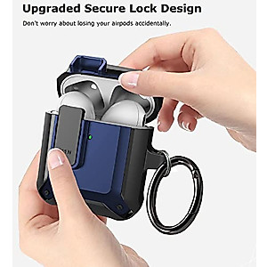 Airpods Case Cover Lock Clip Men with Cleaning Kit, GARTOO Armor Protective Cover with Cleaning Pen Compatible with Airpod 1/2 Case, Shockproof Rugged Shell for Air Pods Charging Case (Black/Blue)