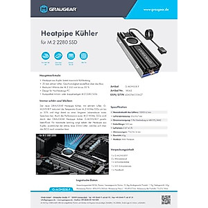 GRAUGEAR M.2 2280 SSD Heatsink, Direct-Touch Heat of Copper Heat Pipe, 20mm Built-in Cooling Fan, Aluminum Plate-Fin Design, Thermal Pads incl. Cooler for M.2 NVMe/SATA [G-M2HS08-F]