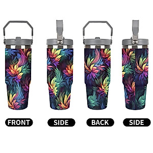 Colorful Flower Tumbler 30oz Large Capacity Car Cup with Handle Fit in Any Car Cup Holder Stainless Steel Leakproof Insulated Coffee Tumblers with Lid And Straw