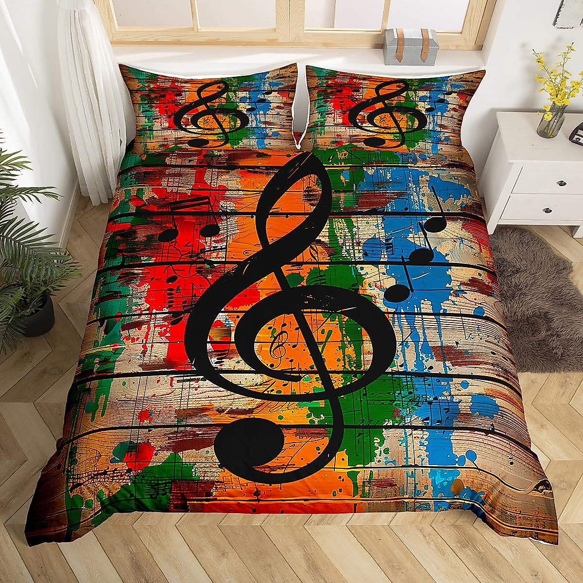 Castle Fairy Graffiti Bedding Set Full Size,Farmhouse Barn Door Duvet Cover,Teenager Music Lover Comforter Cover,Classic Musical Notes Room Decor Quilt Cover,2 Pillowcase,No Comforter