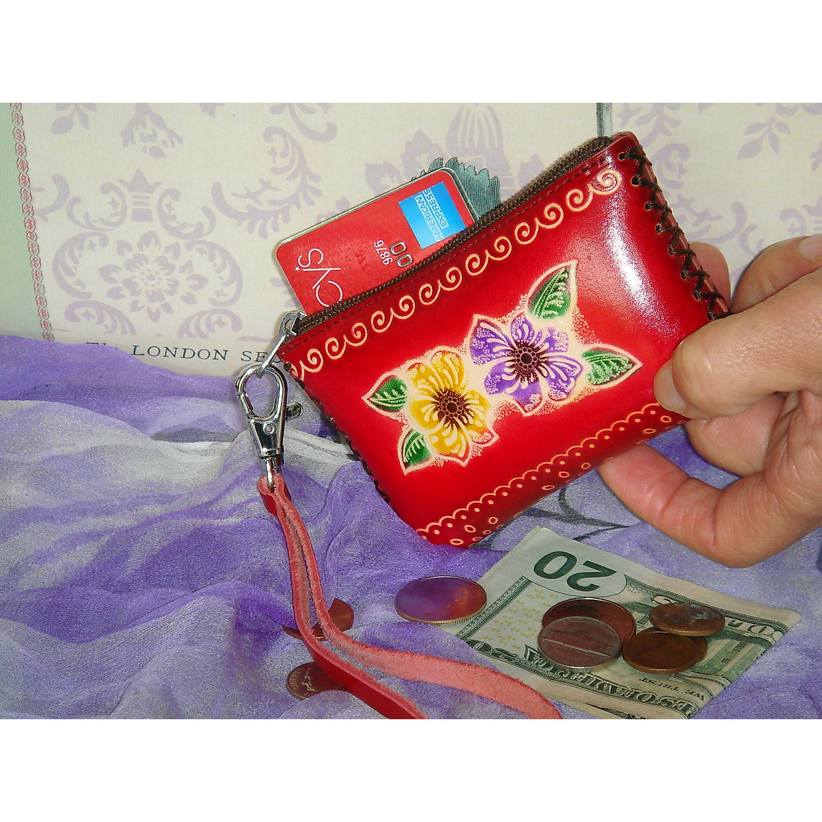 Leather Change Purse,rectangle shape,Hawaii Flower and butterfly Embossed, Handmade wallet,Wristlet and Zipper