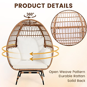 Murago Oversized 360 Swivel Rattan Egg Chair for Adult, Indoor Large Wicker Egg Chair, Outdoor Patio Rattan Egg Chair with overstuffed Cushions, Natural Rattan with Beige Cushion