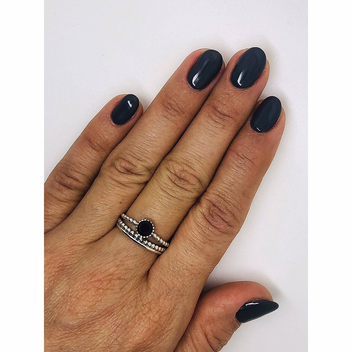 Cut Black Onyx double Ring 925 Sterling Silver Vintage Tribal Gipsy Boho Look US Size 5 6 7 8 9 (8)