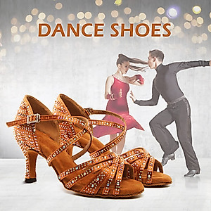 SWDZM Women's Rhinestone Dance Shoes Ballroom Latin Salsa Performance Practice Dancing Shoes,L377,Bronze,Heel 3'',US 6
