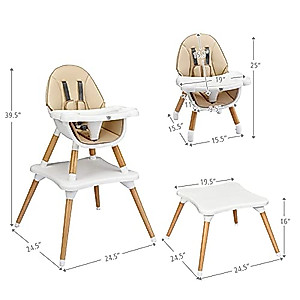 HONEY JOY Baby High Chair, 5-in-1 Convertible Wooden Highchair for Babies and Toddlers/Table and Chair Set/Booster Seat/Toddler Chair with Safety Harness, 4-Position Removable Feeding Tray (Khaki)
