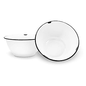 Red Co. Set of 2 Enamelware Metal Large Classic 4 quart Round Salad Serving Bowl, Distressed White/Black Rim