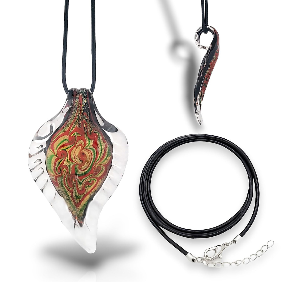 BESHEEK Handmade Murano Inspired Blown Abstract Glass Lampwork Art Pendant Necklace for Women Handcrafted Artisan Hypoallergenic Italian Style Jewelry (Clear Goldtone Leaf Red/Green)