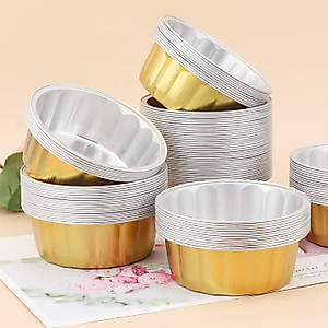 Beasea 8 oz 100 Pack Aluminum Ramekins, Disposable Ramekins Foil Cups Baking Utility 3.9" Ramekin Cup Muffin Cupcake Aluminum Baking Cup Mini Pudding Souffle Cups for Party Wedding Birthday - Gold