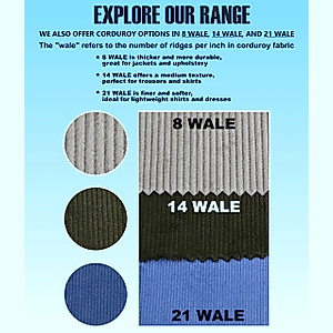 Corduroy Fabric 8 Wale Apparel 290-300GSM Solid Color by Continuous Yard 58" W 100% Cotton - Egyptian Yarn Stripe Texture Soft Trouser Coat Cushion Cover Sofa Cover Sewing Costume Upholstery Navy