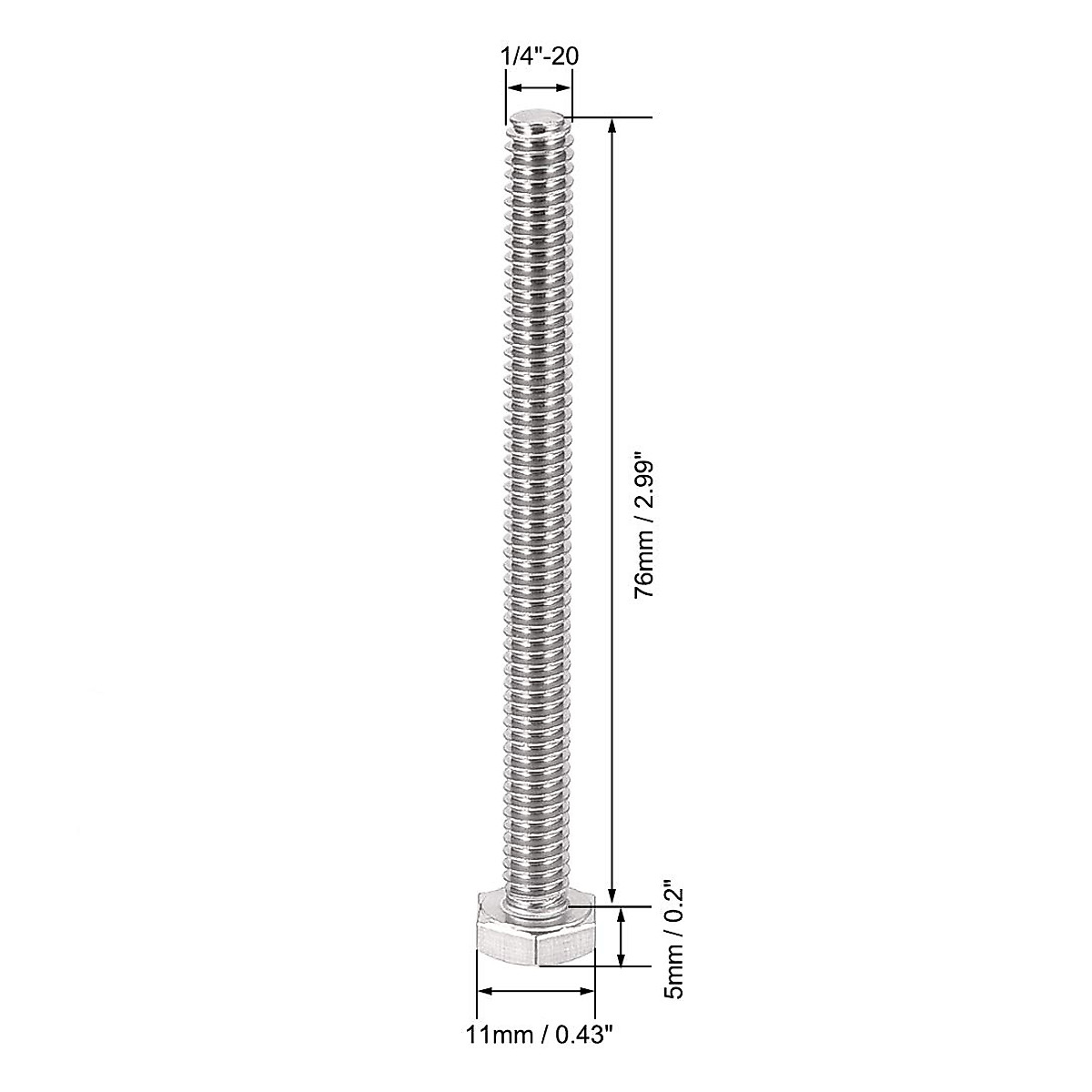 uxcell 1/4-20 x 3" Hex Bolts 304 Stainless Steel Hexagon Screw Bolt