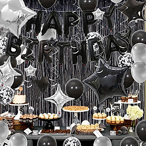 56 PCS Happy Birthday Balloons Happy Birthday Banner Silver and Black Balloons for Boys Men Girls Women 16th 18th 20th 21st 25th 30th 40th 50th 60th Birthday Party Decorations (Black)