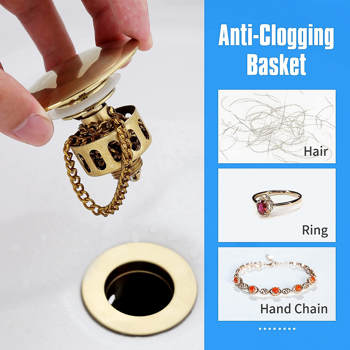 JONKEAN Pop Up Drain Stopper for Bathroom Sink, Bathroom Pop Up Drain with Overflow, Bathroom Vessel Sink Drain Assembly with Detachable Basket, Anti-Clogging Drain Strainer (Brushed Gold)