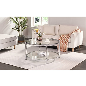 MISPACIO Tempered Glass Round Coffee Table, 32" Modern Acrylic Legs Circle Coffee Table with Clear Glass Top for Storage, Circular Center Table with Open Shelf for Living Room