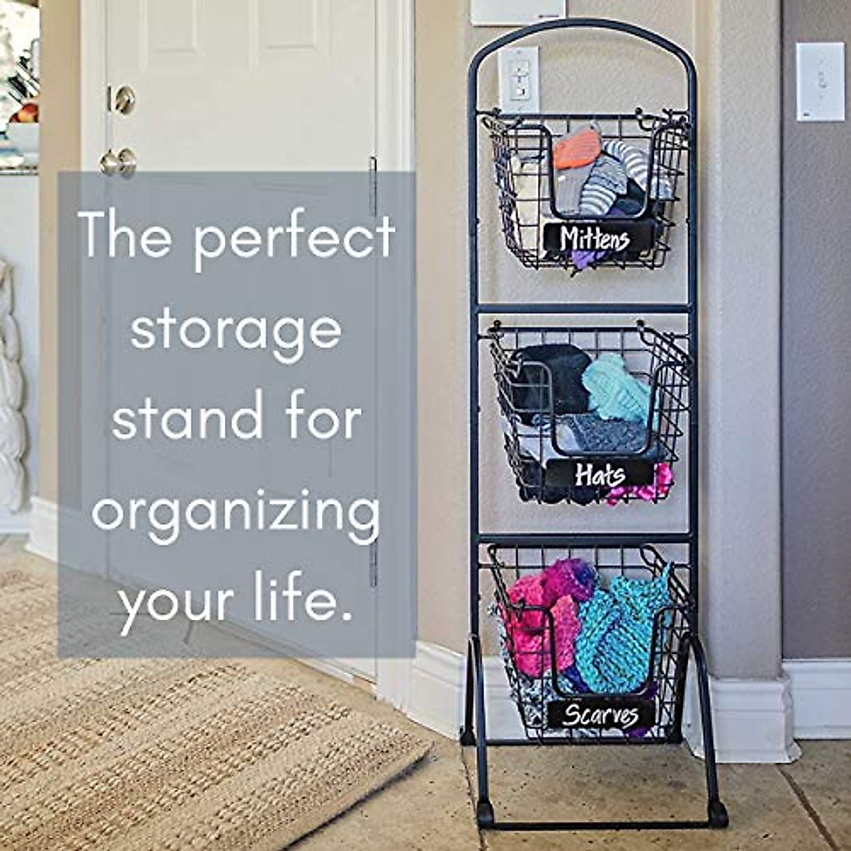 BIRDROCK HOME 3-Tier Wire Market Basket Stand with Chalk Label - Snack Fruit Vegetable Produce Metal Hanging Storage Bin for Kitchen Pantry - Free-Standing or Stacking Organizer - Black