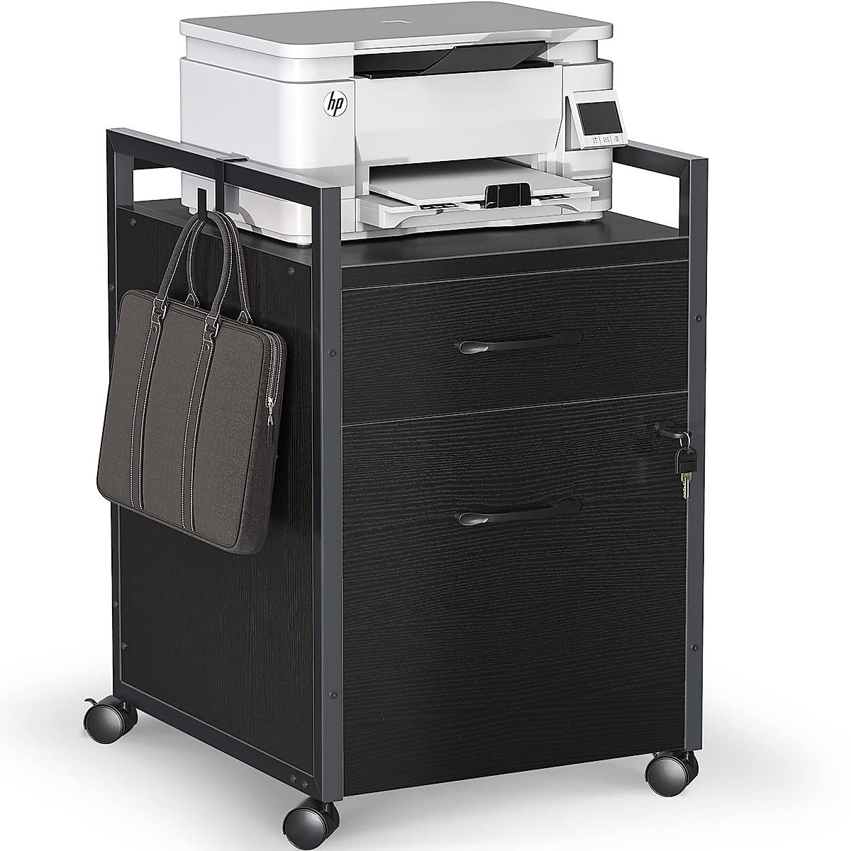 ODK File Cabinet with 2 Drawers, Mobile Office Cabinet with Lock on Wheels, Rolling Office Printer Stand Filing Cabinet for A4, Letter Sized Document with Iron Hook, Black
